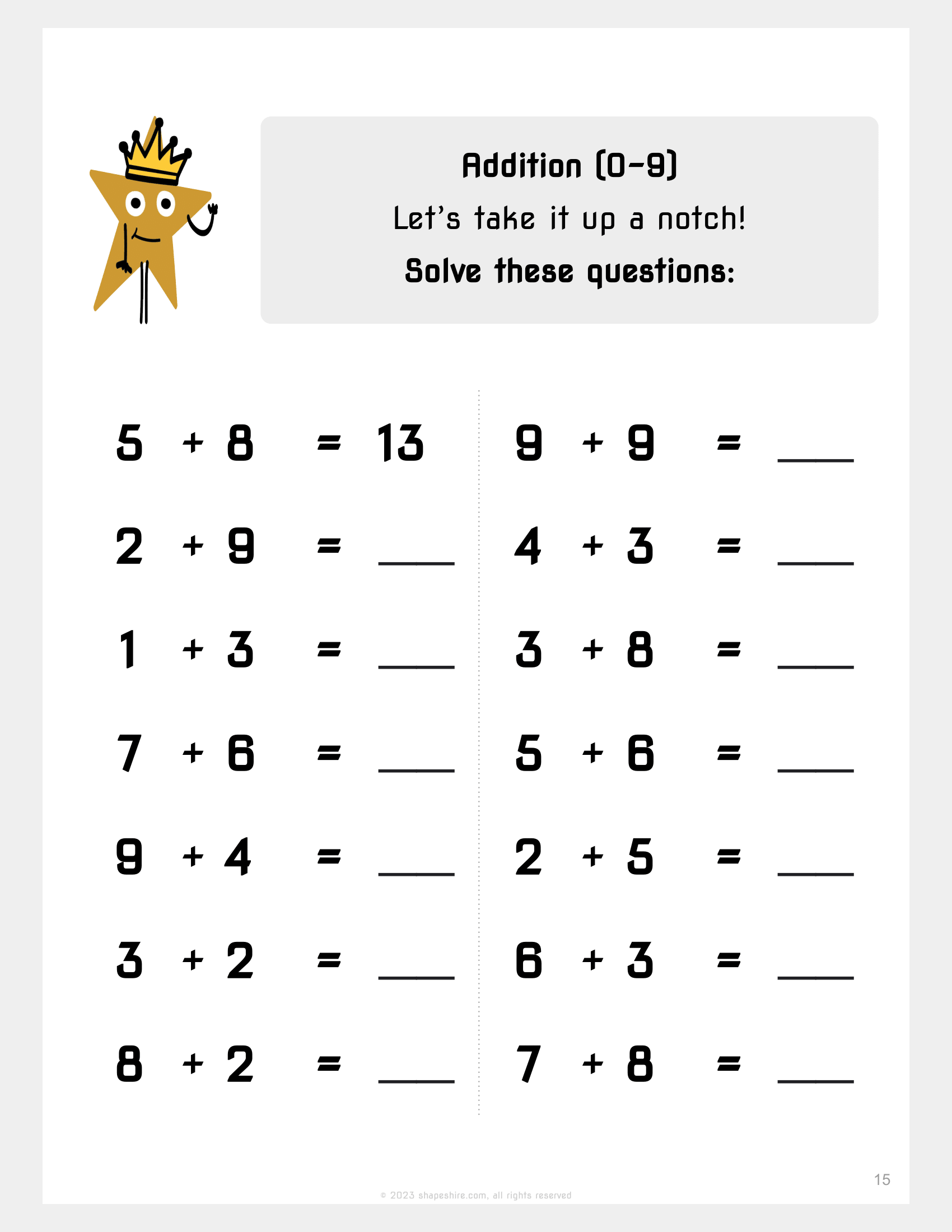 Starting Point Worksheet #02 - Addition (0-9) - ShapeShire