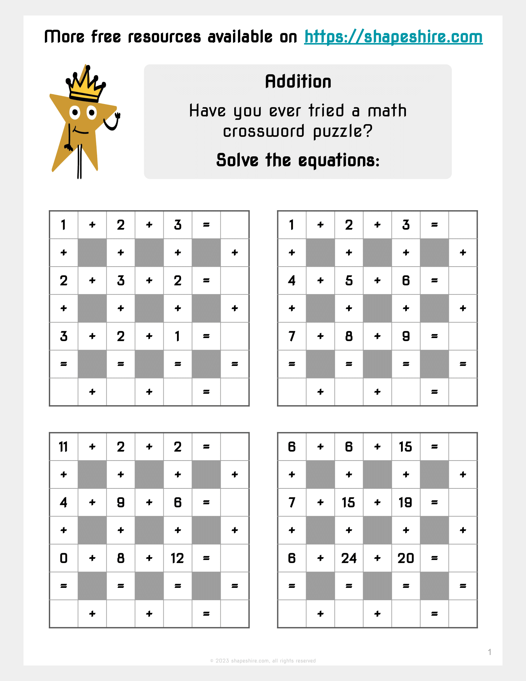 Starting Point Worksheet #12 - Addition - ShapeShire